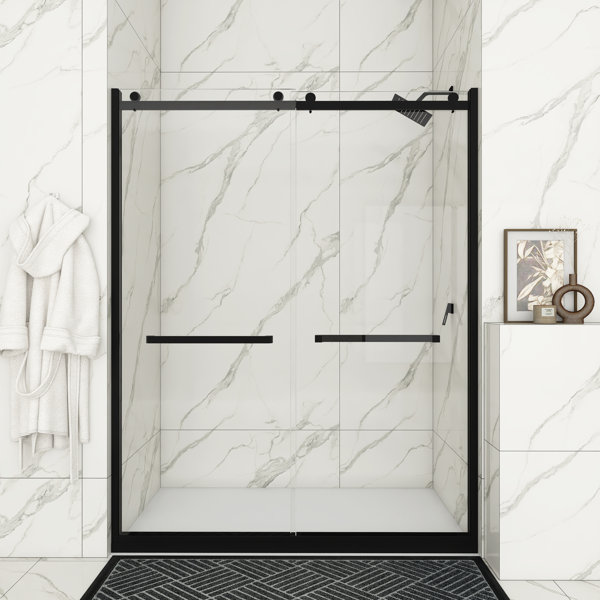 Jims Maison 60'' W X 76'' H Sliding Semi-Frameless Shower Door In Matt Black | Wayfair